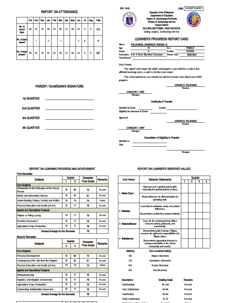 SF9 SHS 2021 2022JhunVersion2A4Size | PDF | Cognition