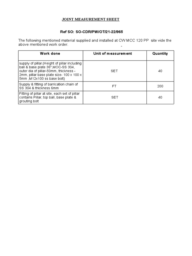 Joint Measuremet Sheet | PDF