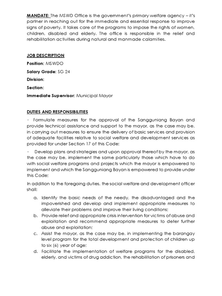 MSWDO Job Roles | PDF | Social Work | Welfare