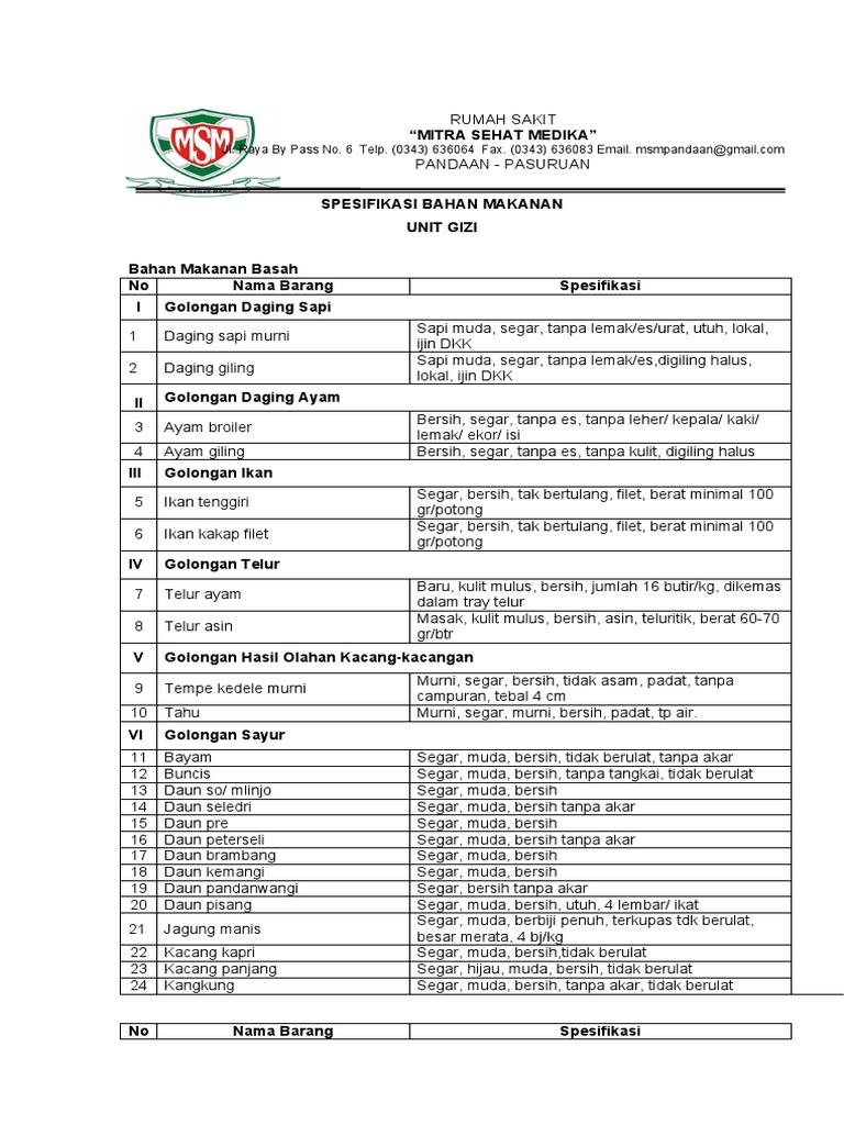 Spesifikasi Bahan Makanan | PDF
