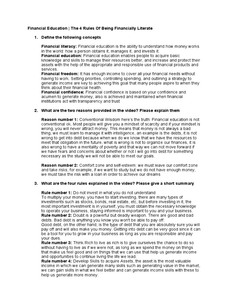 Financial Education - The 4 Rules of Being Financially Literate | PDF ...