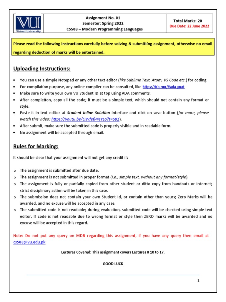 Uploading Instructions:: Assignment No. 01 Semester: Spring 2022 CS508 - Modern Programming ...