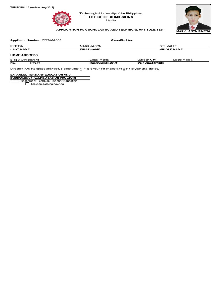 Office of Admissions: Application For Scholastic and Technical Aptitude ...