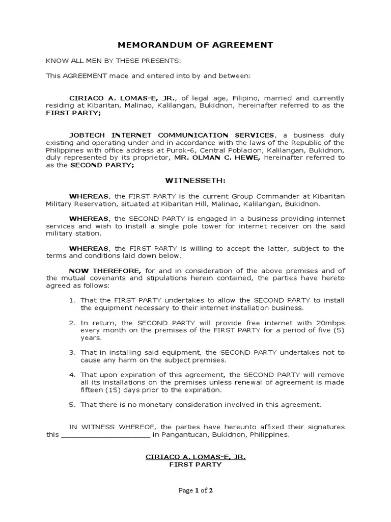 Memorandum of Agreement: Witnesseth | PDF | Civil Law (Common Law ...