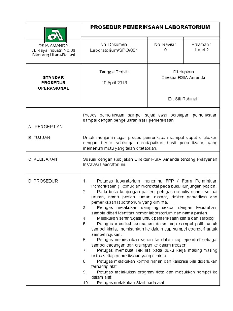 Prosedur Pemeriksaan Laboratorium | PDF