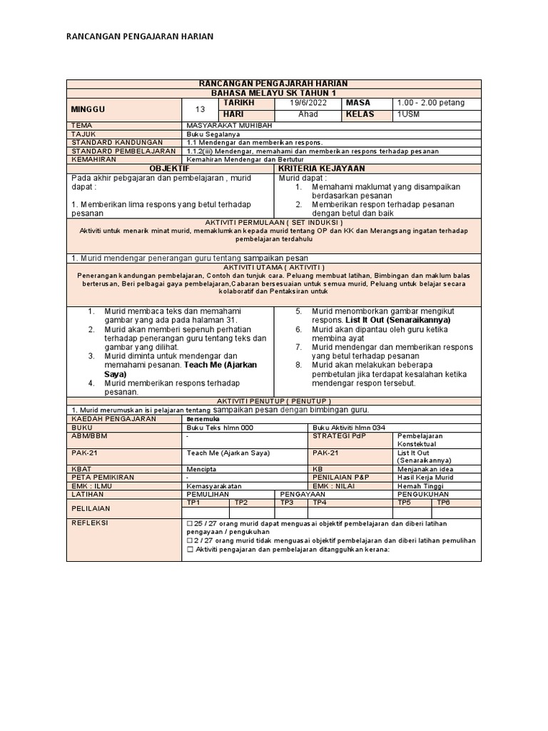 RPH Minggu 13 BM THN 1 | PDF