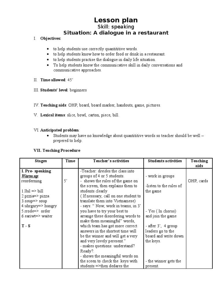 Lesson Plan: Situation: A Dialogue in A Restaurant | PDF | Waiting ...