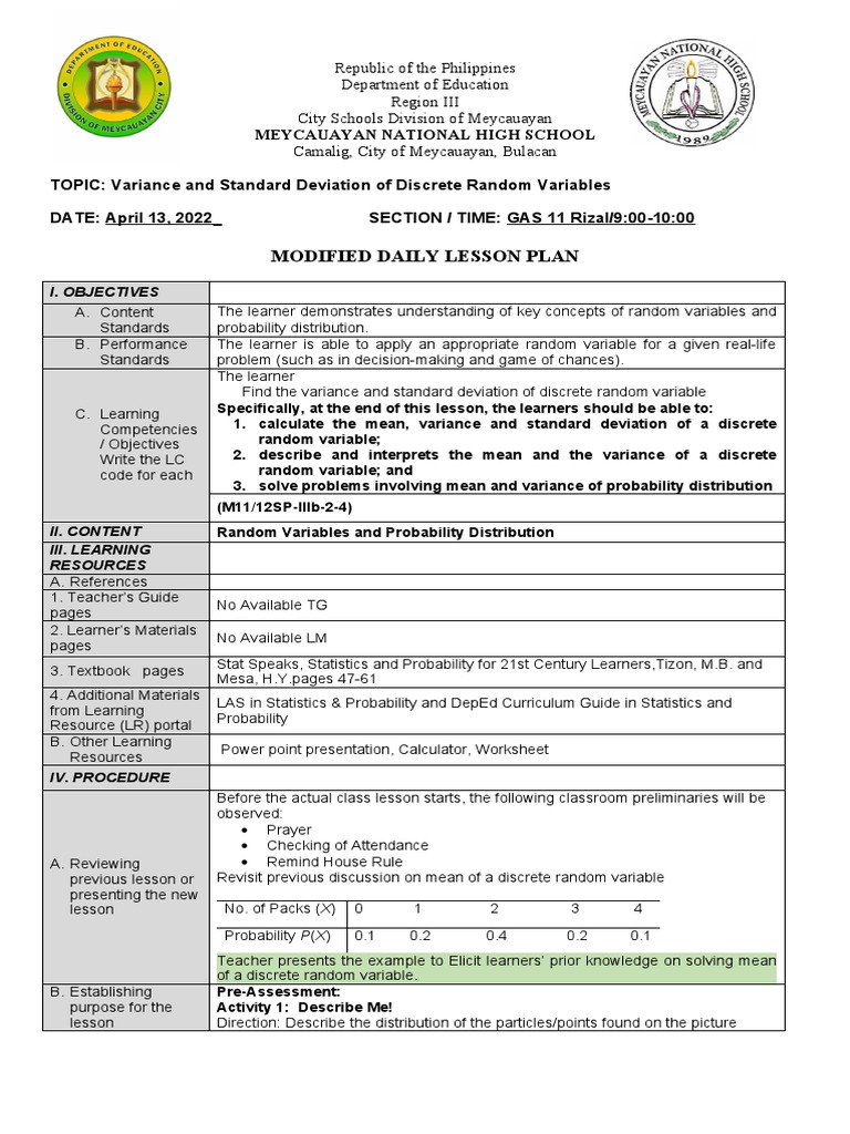 Modified Daily Lesson Plan | PDF | Variance | Standard Deviation