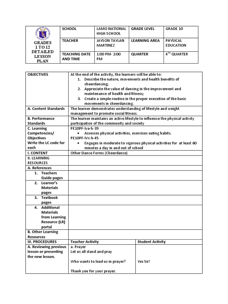 Lesson Plan in Cheerdance | PDF | Cheerleading | Lesson Plan