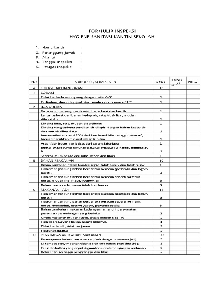 Formulir Inspeksi Hygiene Sanitasi Kantin Sekolah | PDF