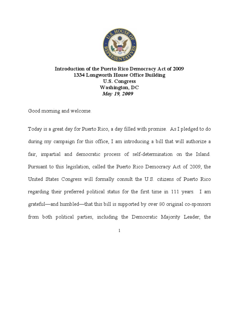 SPEECH: Statement at Press Conference To Mark The Introduction of H.R ...