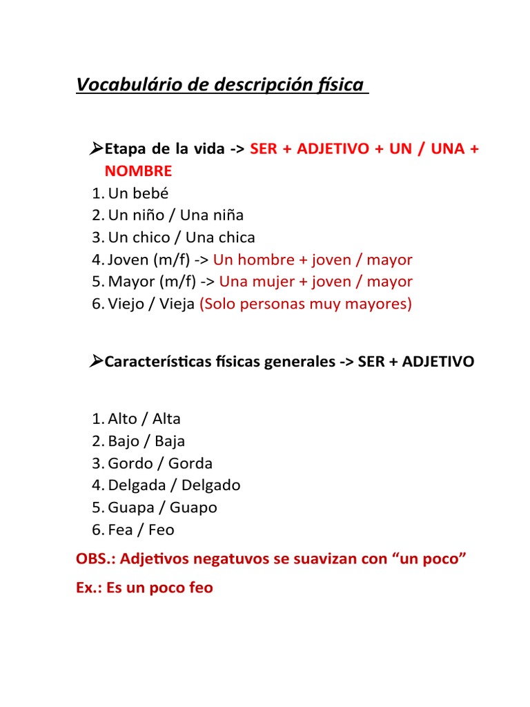 Vocabulário de Descripción Física | PDF