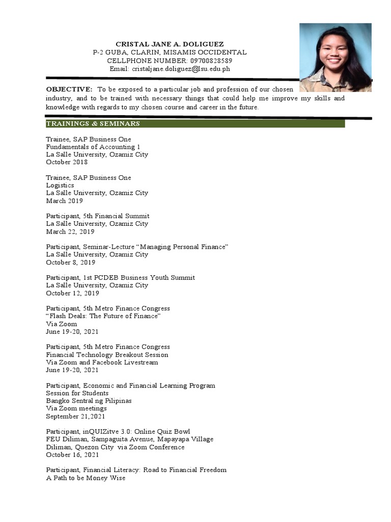 Cristal Jane A. Doliguez: Trainings & Seminars | PDF | Economies