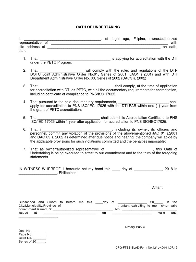 Oath of Undertaking for DTI Accreditation | PDF | Affidavit | Common Law