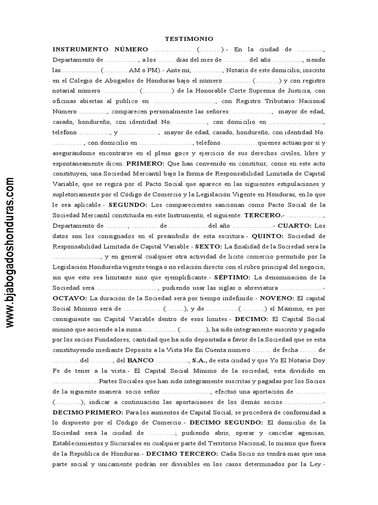 Formato Escritura Constitucion Sociedad Responsabilidad Limitada Capital Variable Honduras | PDF ...
