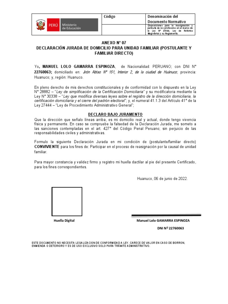 Anexo 07 Declaracion Jurada para Unidad Familiar | PDF | Ley Pública | Justicia