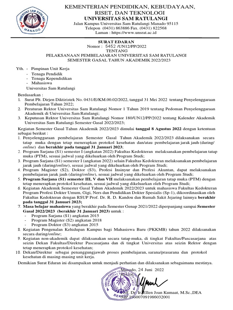 Surat Edaran Rektor Pembelajaran Sem GASAL 22 - 23 | PDF