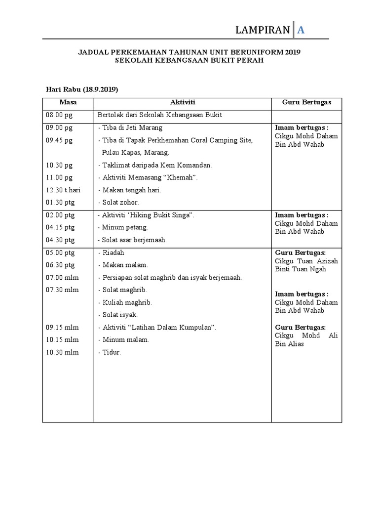 Lampiran A-Jadual Perkhemahan | PDF