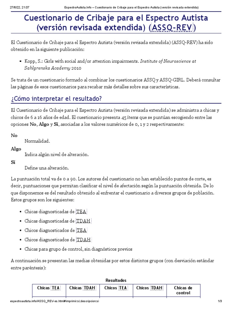Cuestionario ASSQ-REV para Autismo | PDF | Espectro autista | Cognición