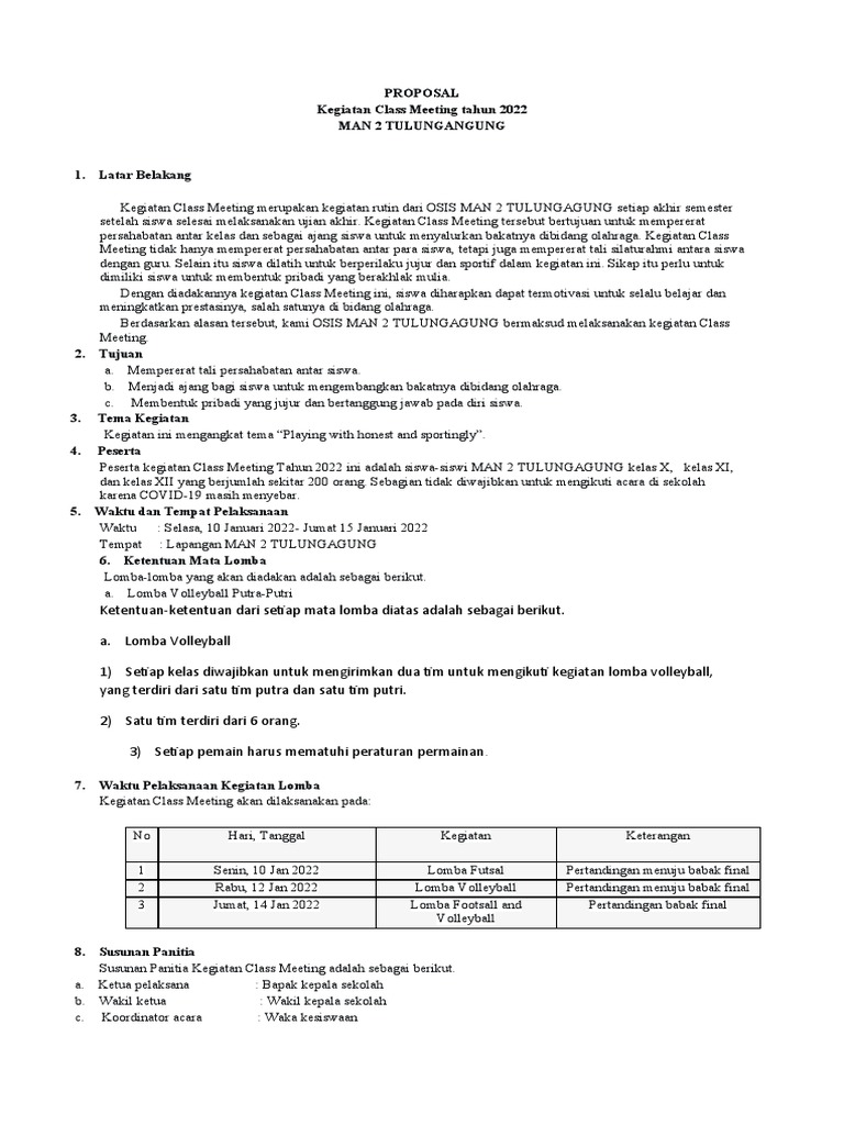 Proposal Kegiatan Class Meeting 2022 | PDF