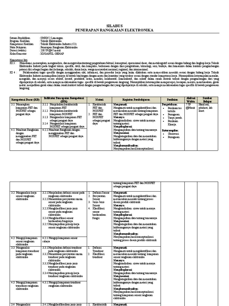 Format Silabus Kls XI Penerapan Rangkaian Elektronika Semester 1,2 | PDF