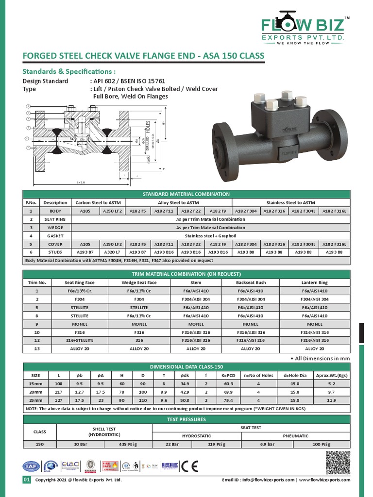 Forged Steel Check Valve Flange End - Asa 150 Class: Standards ...