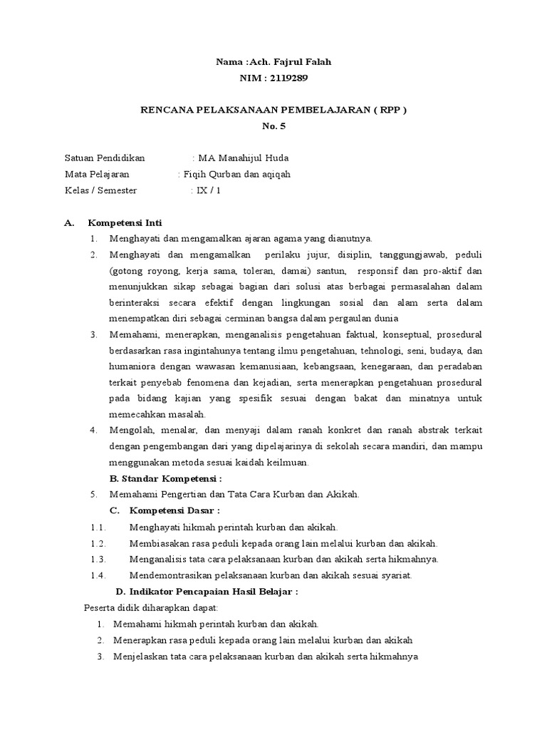 RPP Fiqih Qurban Dan Akikah | PDF