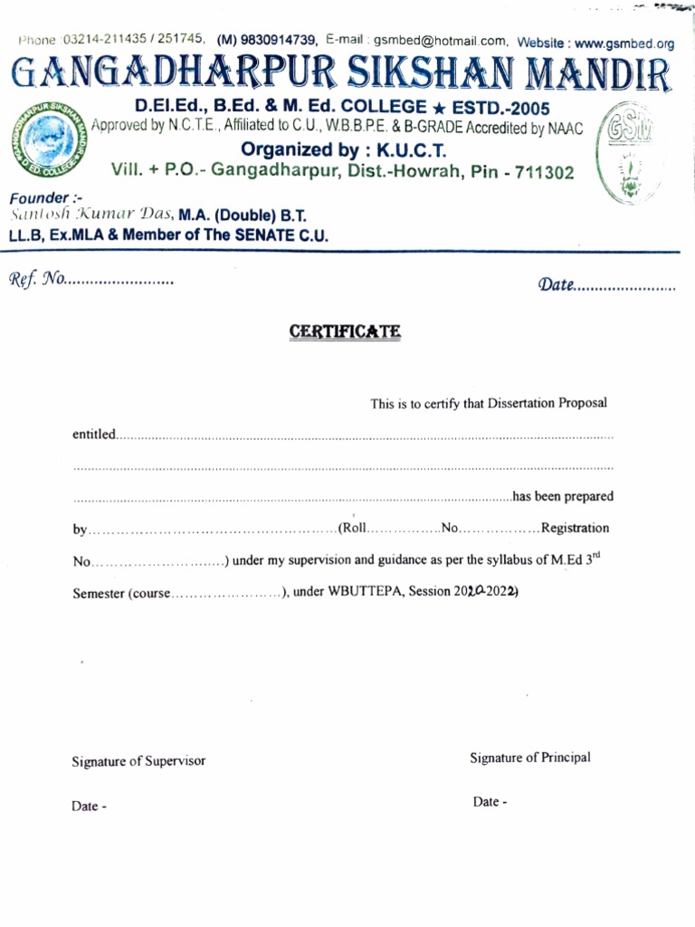 Certificate from Gangadharpur Sikshan Mandir attesting to the ...