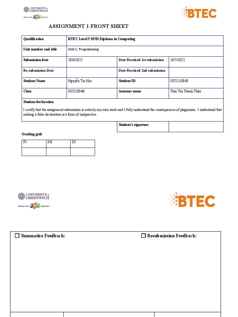 1 - Unit 1 - Assignment 1 Frontsheet | PDF | Algorithms | Software 1 - Unit 1 - Assignment 1 Frontsheet | PDF | Algorithms | Software