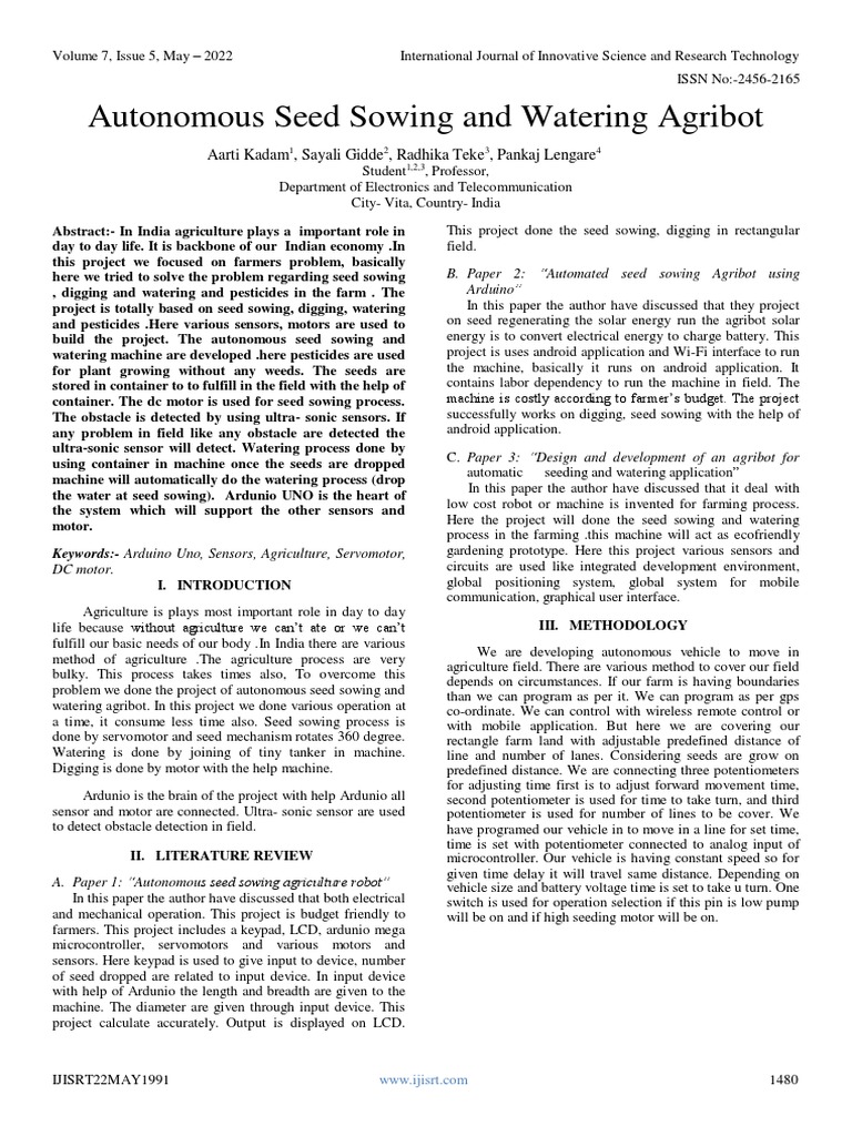 Autonomous Seed Sowing and Watering Agribot | PDF | Arduino | Sowing