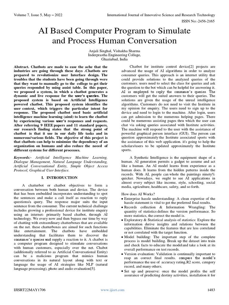 AI Based Computer Program To Simulate and Process Human Conversation ...