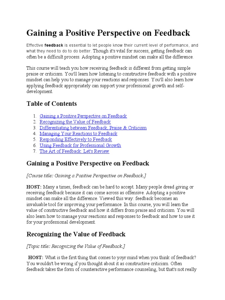 Gaining A Positive Perspective On Feedback | PDF | Criticism | Mindset