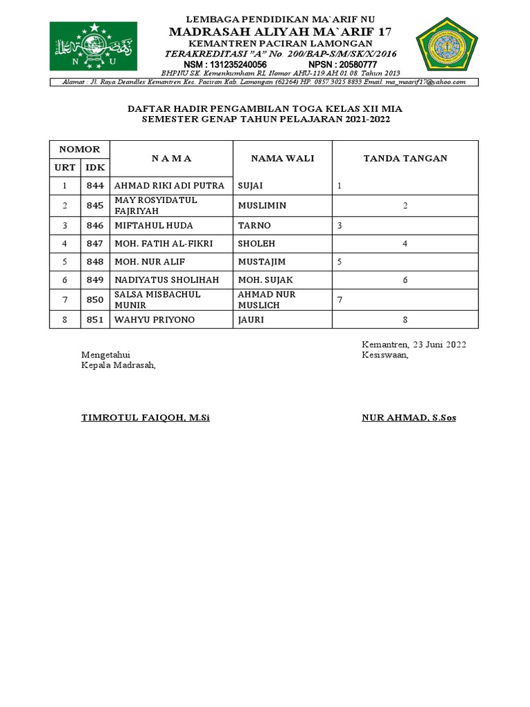 Daftar Hadir Pengambilan Raport | PDF