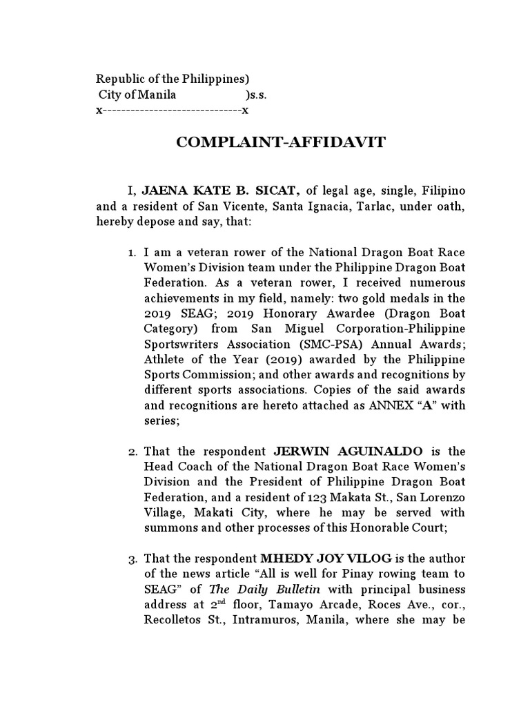 Libel Complaint by Dragon Boat Rower | PDF | Defamation | Affidavit