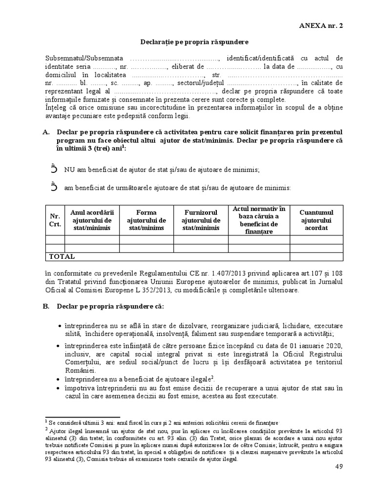 Anexa 2 Declaratie Ajutor de Minimis - SUN 2022 | PDF