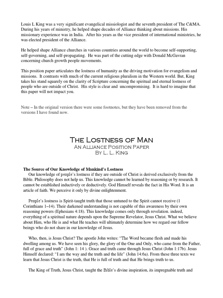The Lostness of Humanity: An Alliance Perspective | PDF | Jesus ...