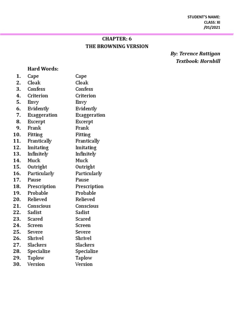 Analysis of a Student Worksheet Containing Excerpts from Terence Rattigan's Play "The Browning ...