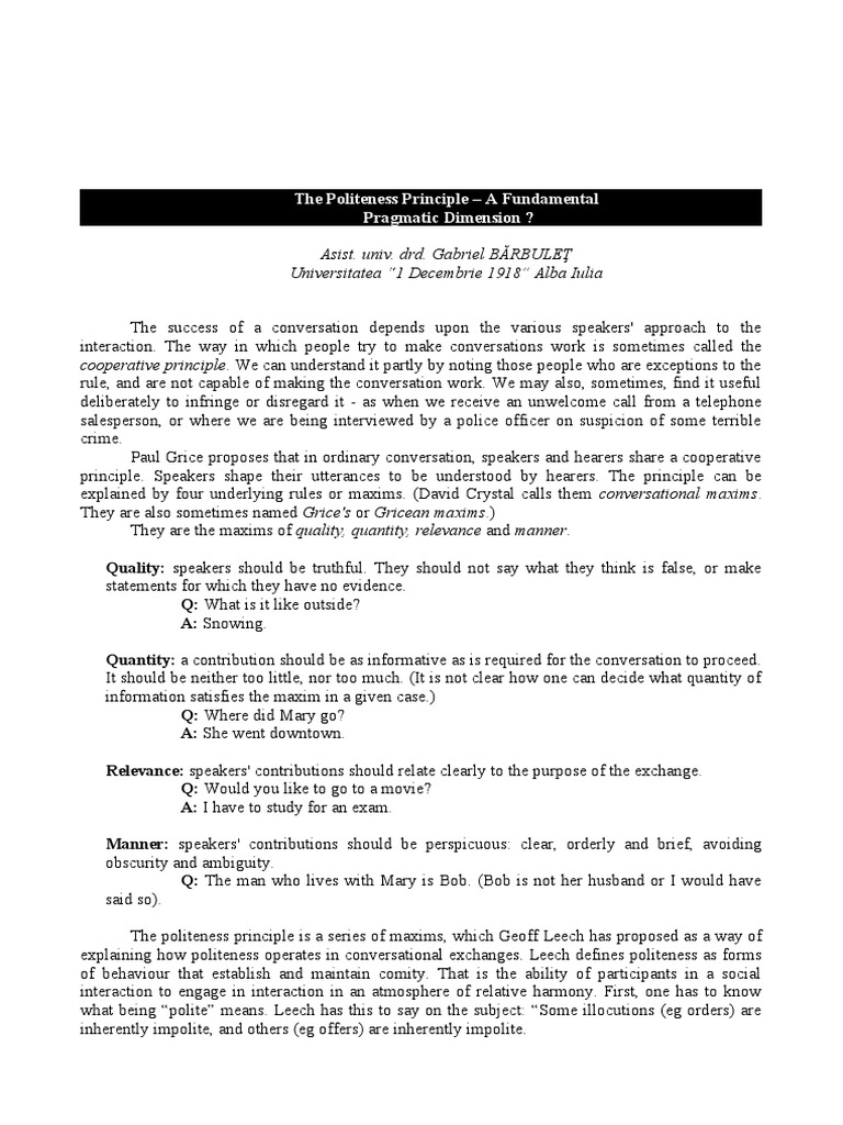 Leech's Politeness Maxims Explained | PDF | Cognitive Science | Linguistics