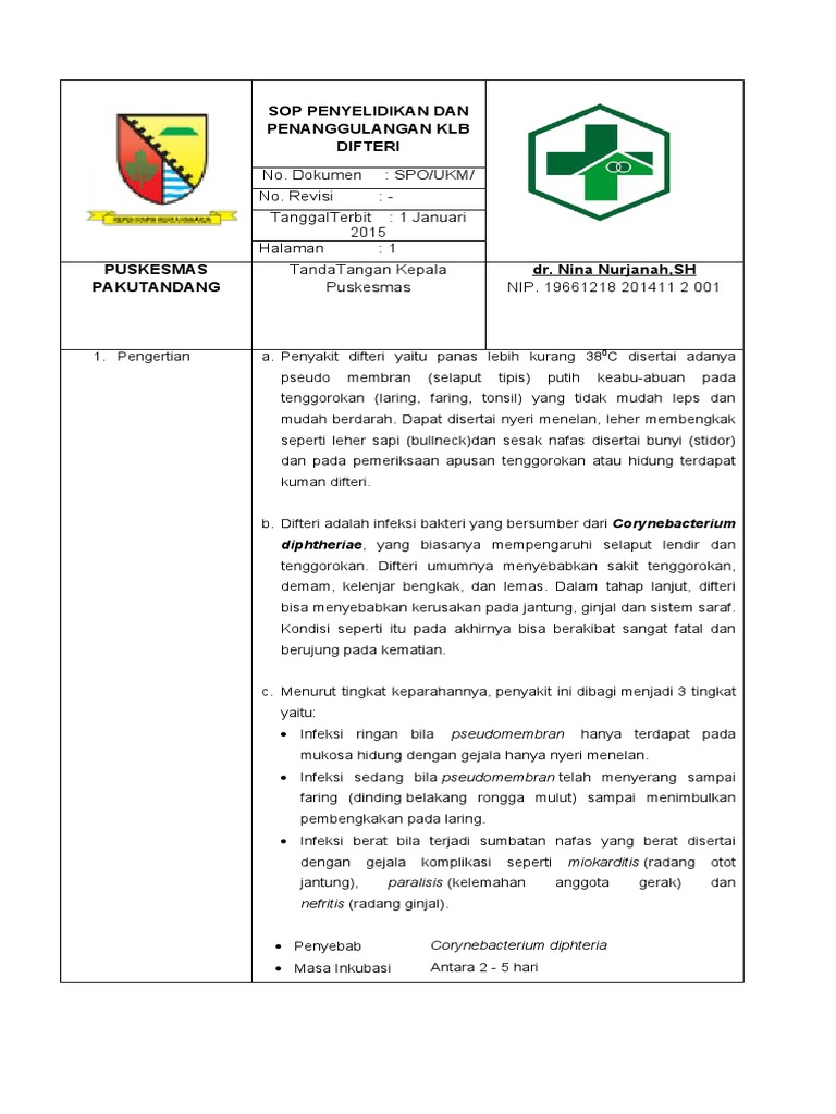 SOP Penyelidikan Dan Penanganan KLB Difteri | PDF