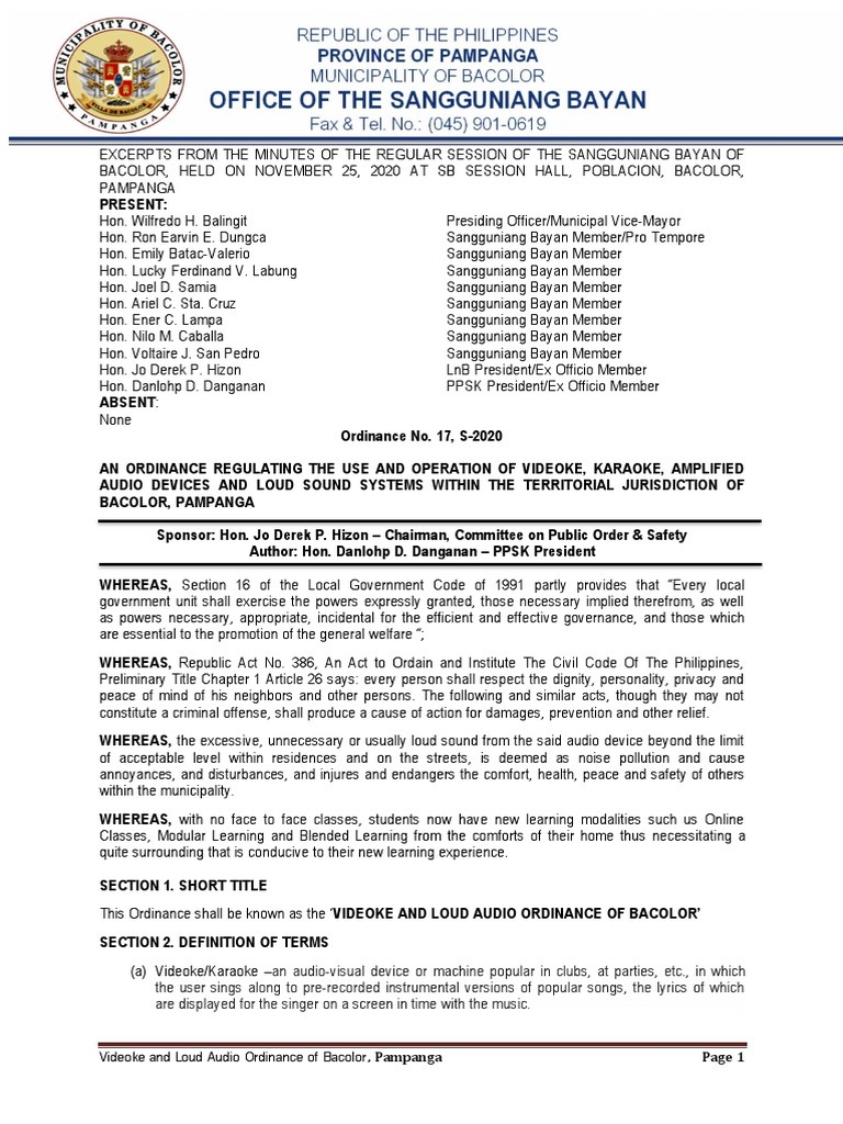 Videoke and Loud Audio Ordinance of Bacolor:, Pampanga | PDF