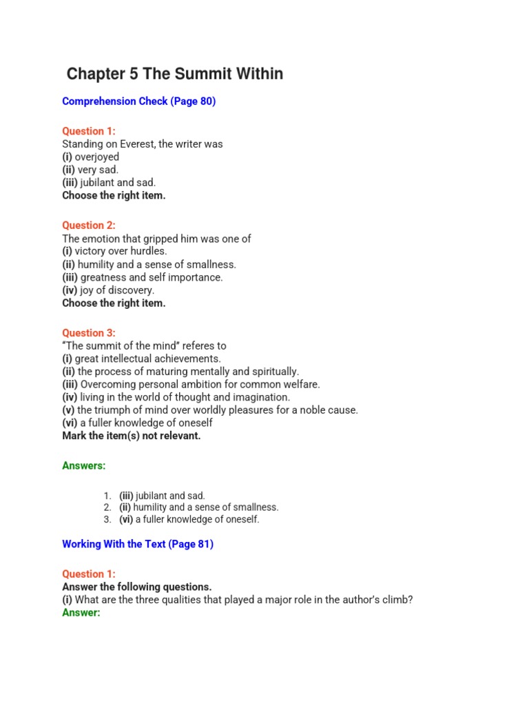 Chapter 5 The Summit Within: Comprehension Check (Page 80) | PDF ...