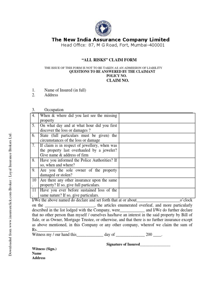 New India All Risks Insurance Claim Form | PDF | Insurance | Justice