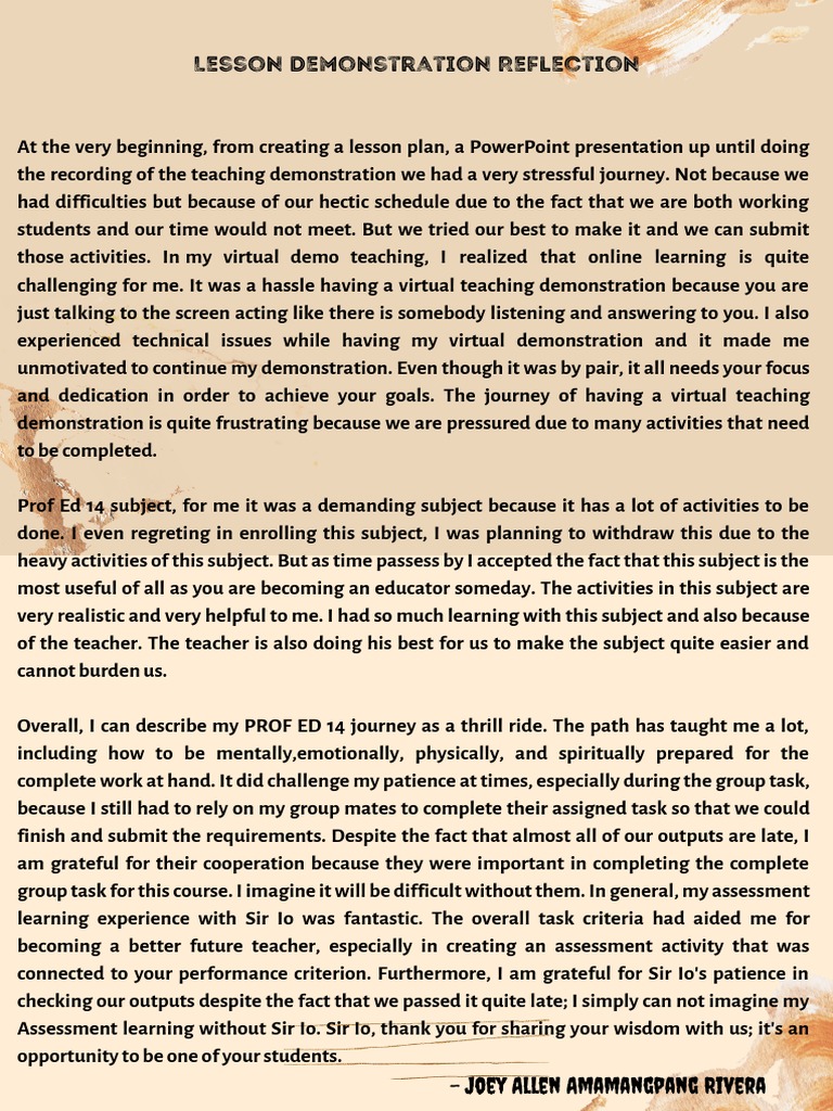 Lesson Demonstration Reflection - Rivera | PDF | Behavior Modification | Cognition