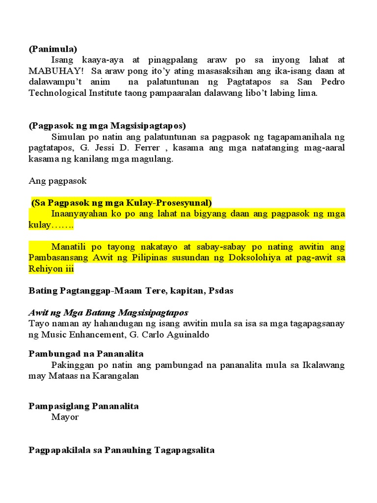 Graduation Script Tagalog | PDF
