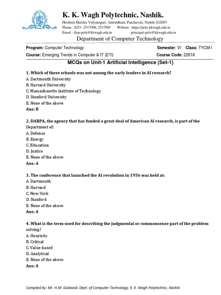 Unit-1 AI MCQ Bank Set-1 - HMG | PDF | Intelligence (AI) & Semantics ...