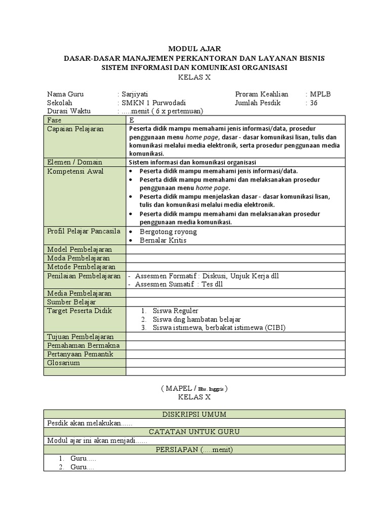 Template Modul Ajar & Assesmen Formatif Sumatif. | PDF