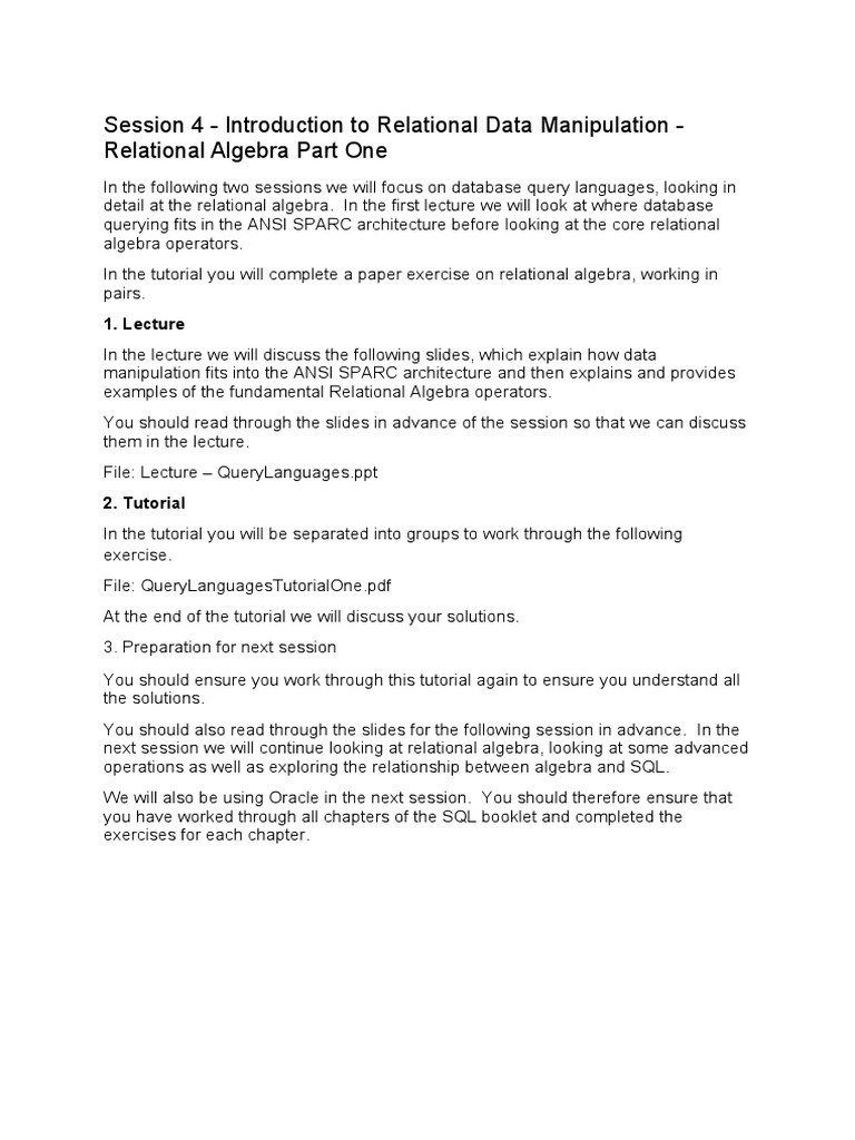 Session 4 - Introduction To Relational Data Manipulation - Relational ...