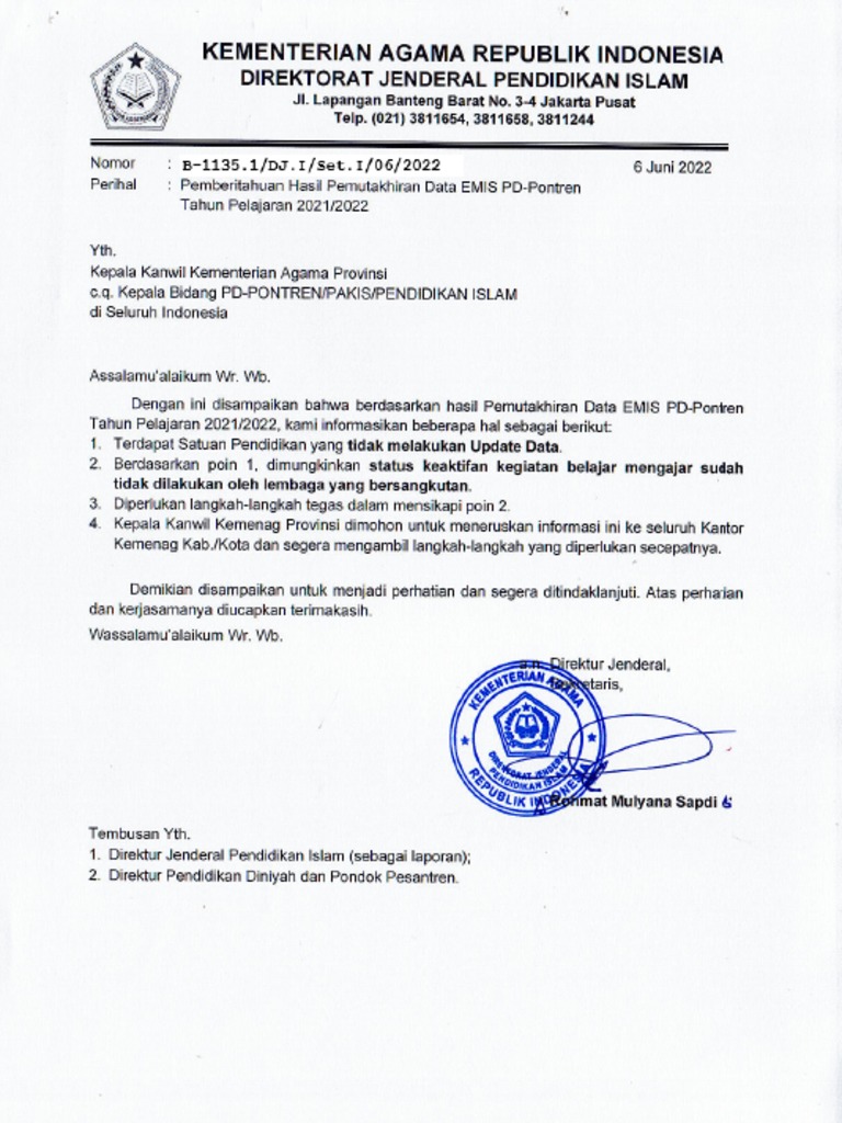 Pemberitahuan Hasil Pemutakhiran Data EMIS PD-Pontren | PDF
