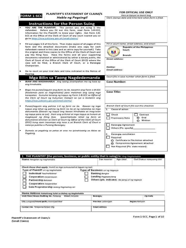 Instructions For The Person Suing: Form 1-Scc | PDF | Lawsuit | Notary ...