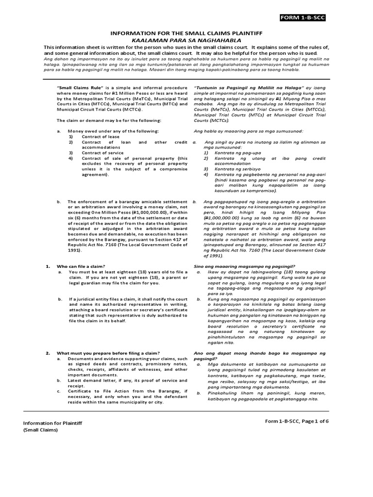 FORM 01 B SCC Information For Plaintiff | PDF